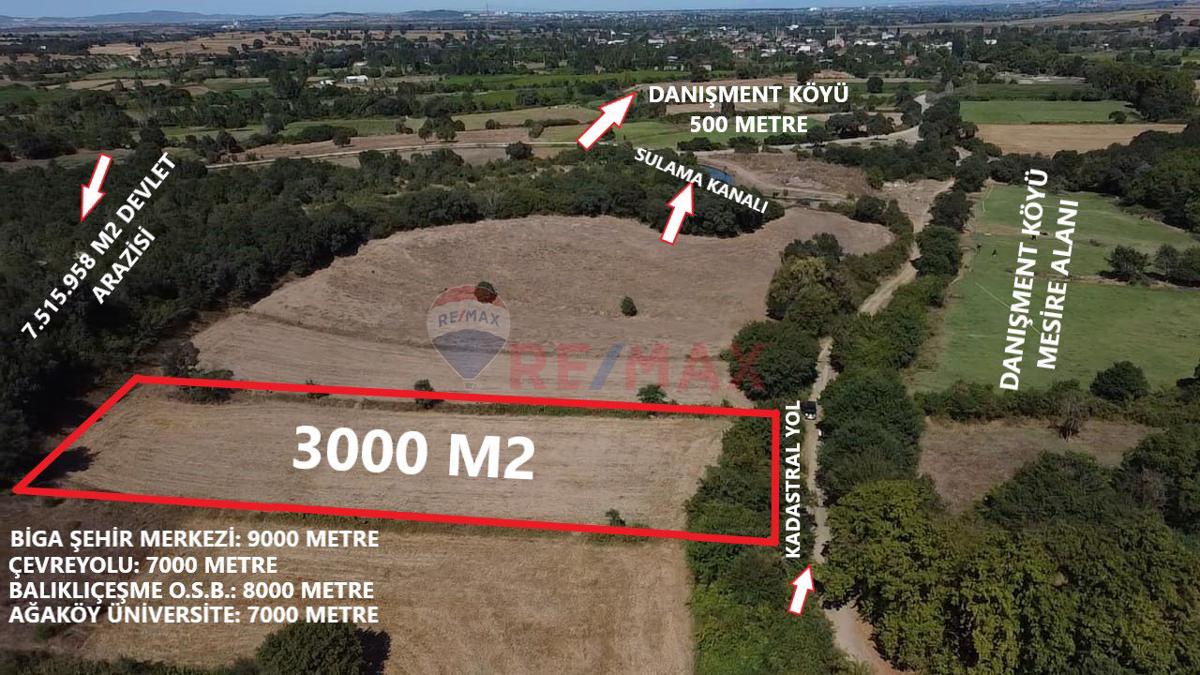 BİGA DANIŞMENT KÖYÜ'NDE 3000 M2 RESMİ YOLA SAHİP SATILIK TARLA